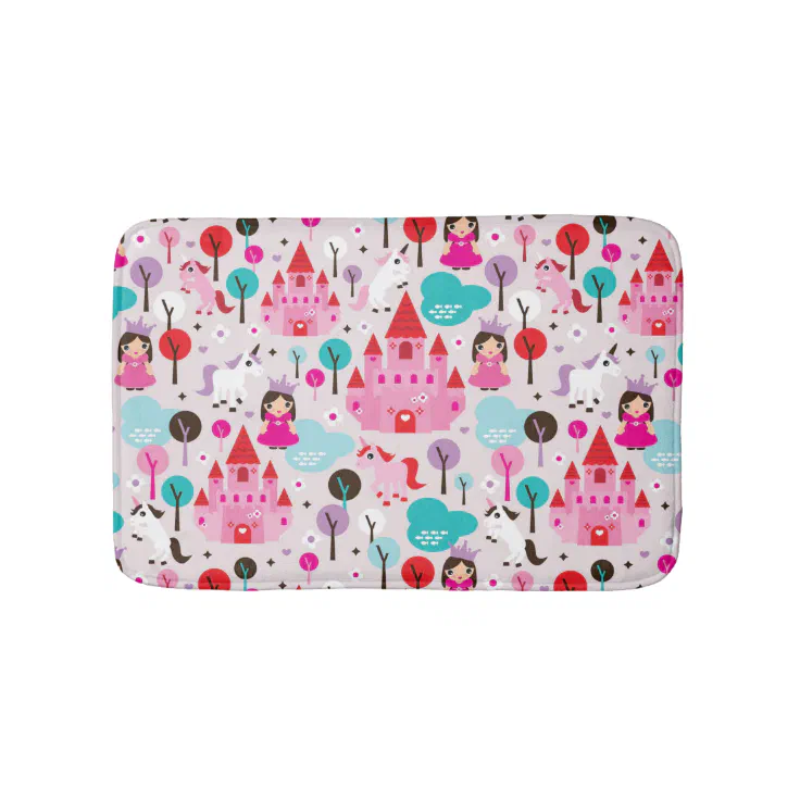 kids princess castle and unicorn bath mat | Zazzle
