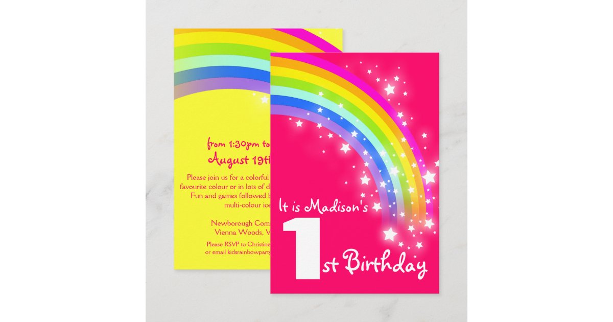 Kids purple rainbow 1st birthday invite | Zazzle