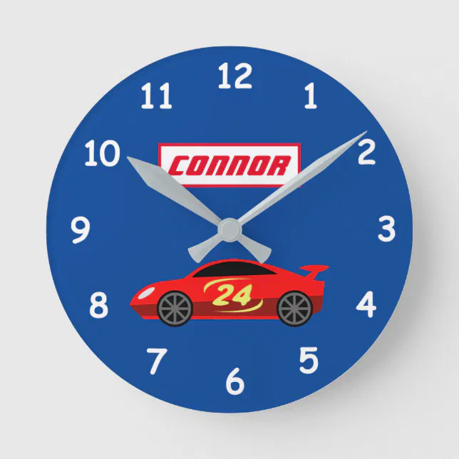Kid's race car small round clock for boy's bedroom | Zazzle