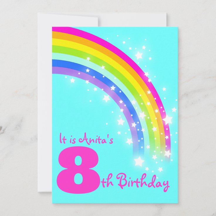 Kids rainbow 8th birthday aqua birthday invite | Zazzle