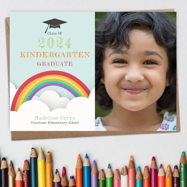 Kids Rainbow Clouds Kindergarten Graduation Photo Invitation | Zazzle