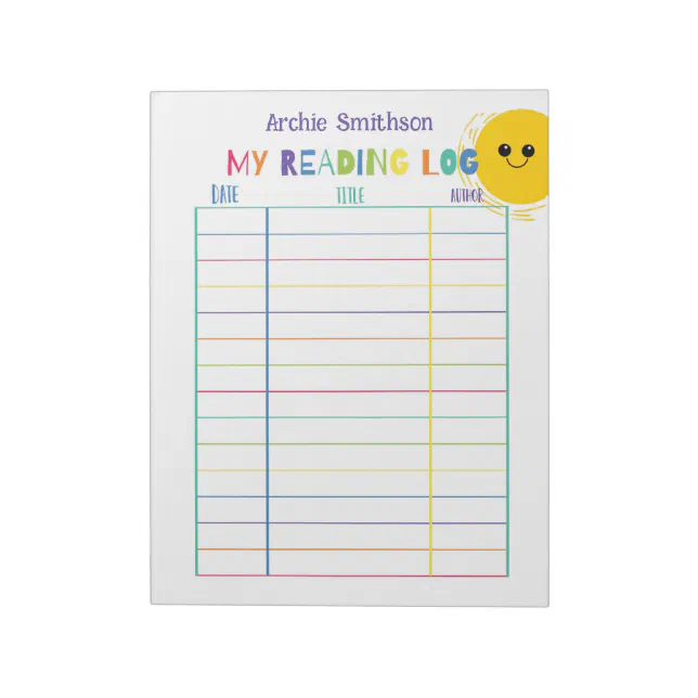 Kids Reading log homeschool reading log, sun Notepad | Zazzle