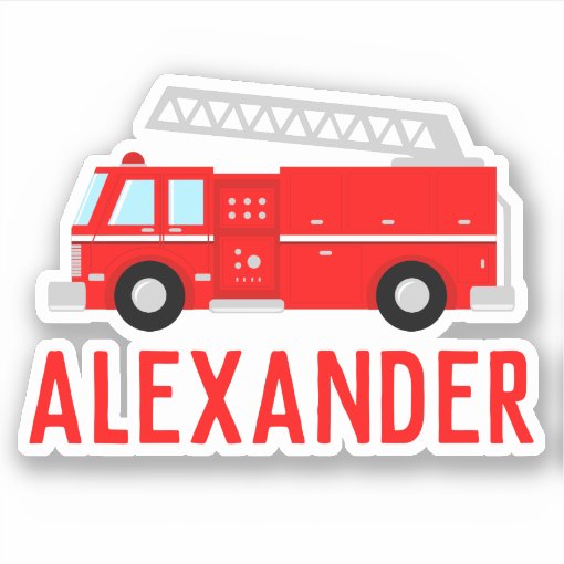 Kids Red Fire Truck Name Sticker | Zazzle