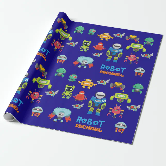 Kids ROBOT Named Royal Blue Cartoon Funny Robots Wrapping Paper | Zazzle