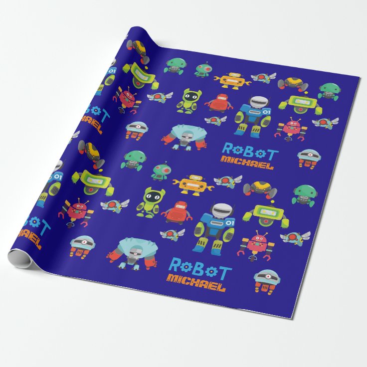 Kids ROBOT Named Royal Blue Cartoon Funny Robots Wrapping Paper | Zazzle