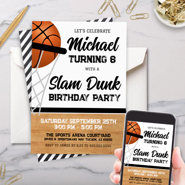 Kids Slam Dunk Basketball Birthday Party Invitation | Zazzle