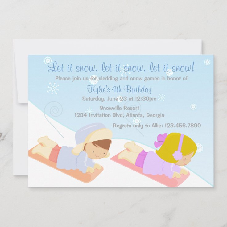 Kids Sledding and Snow Games Winter Birthday Party Invitation | Zazzle