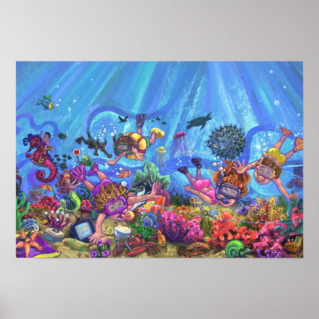 Kids Snorkeling Under the Sea Art Poster | Zazzle