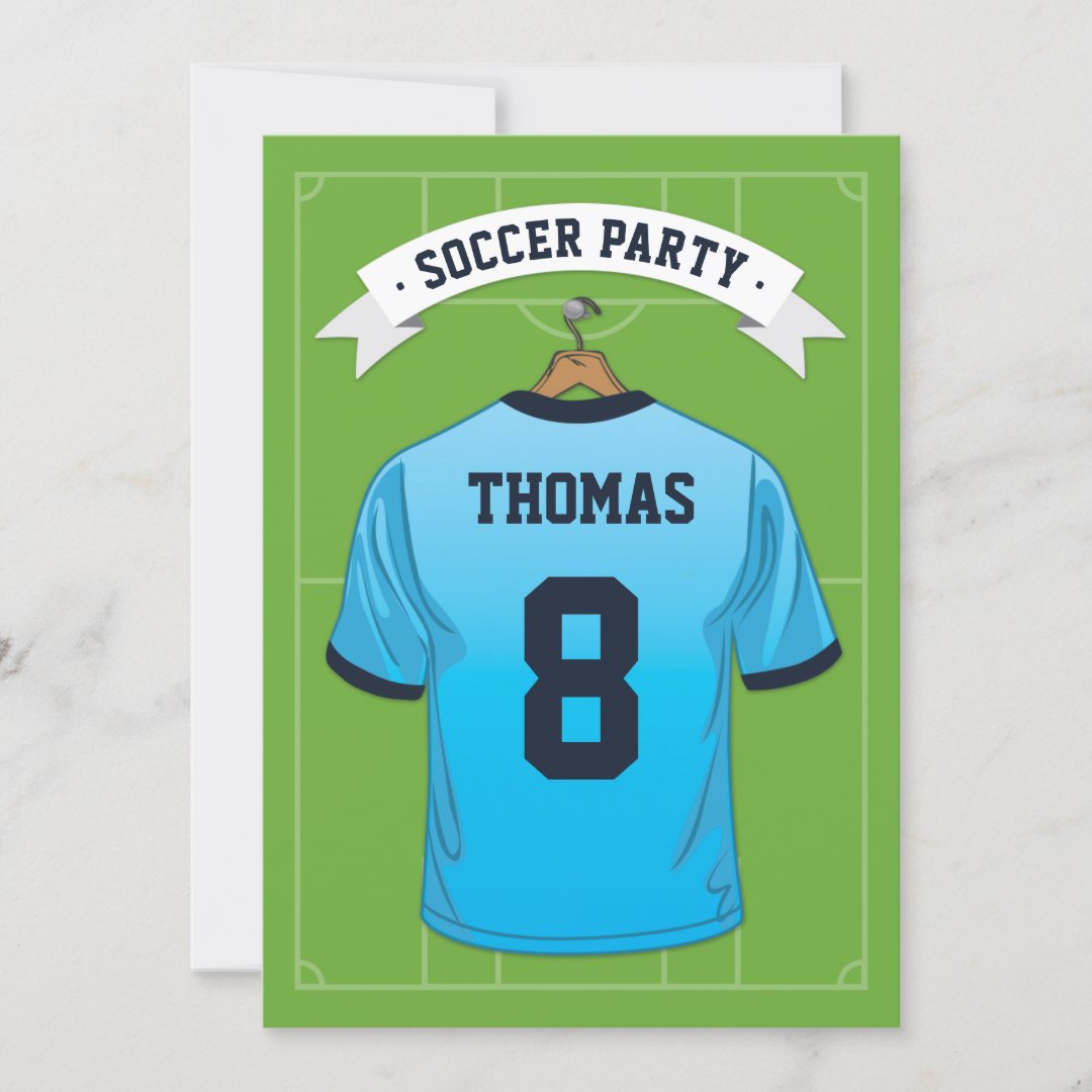 Kids Soccer Birthday Party | Pale Blue Jersey Invitation | Zazzle