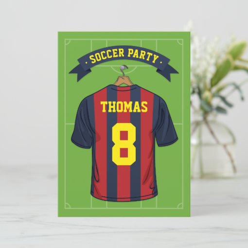 Kids Soccer Burgundy Blue Birthday Party Invitation | Zazzle