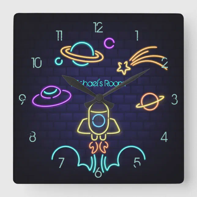 Kids Space Themed Neon Light Square Wall Clock | Zazzle