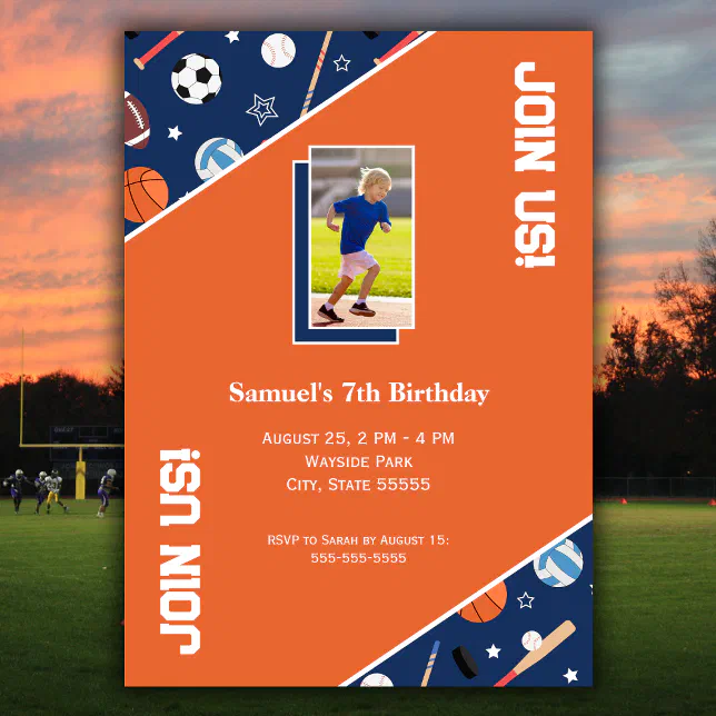 Kids Sports Equipment Pattern Photo Birthday Party Invitation | Zazzle