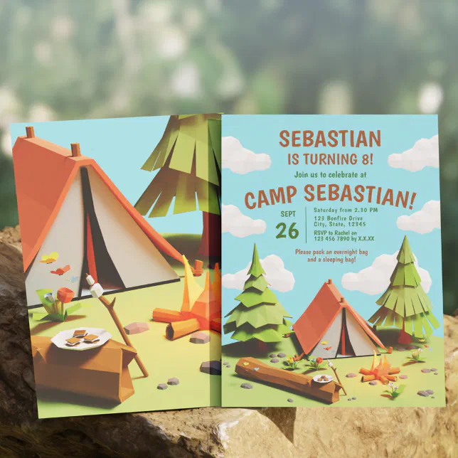 Kids Tent Camp Fire Outdoors Birthday Party Invitation | Zazzle
