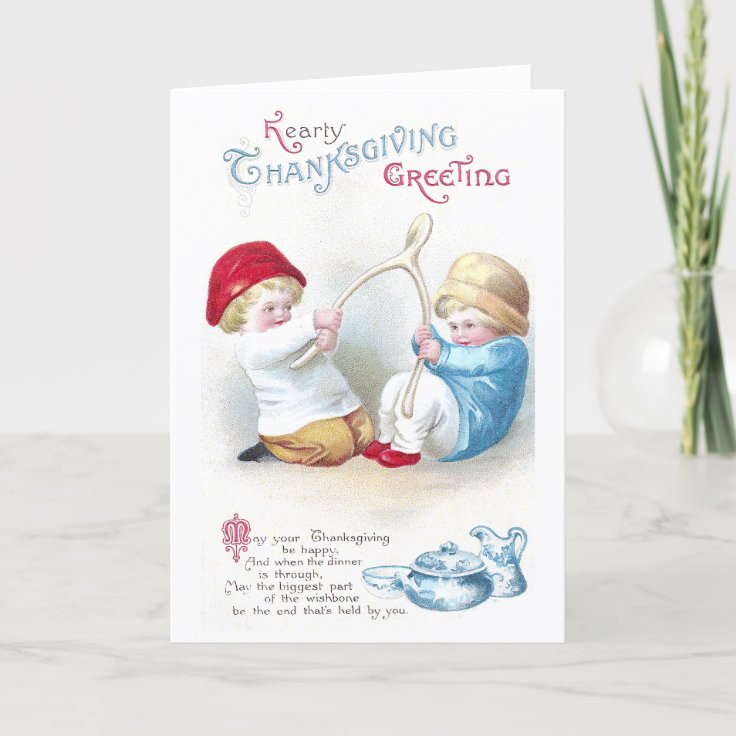 Kids Tug on Giant Wishbone Vintage Thanksgiving Holiday Card | Zazzle