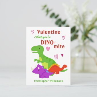 Kids Valentines Day Dino-mite Dinosaur Postcard | Zazzle