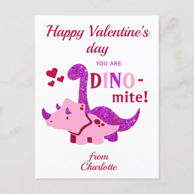 Kids Valentines Day Girly Dinosaur Dino-mite Postcard | Zazzle