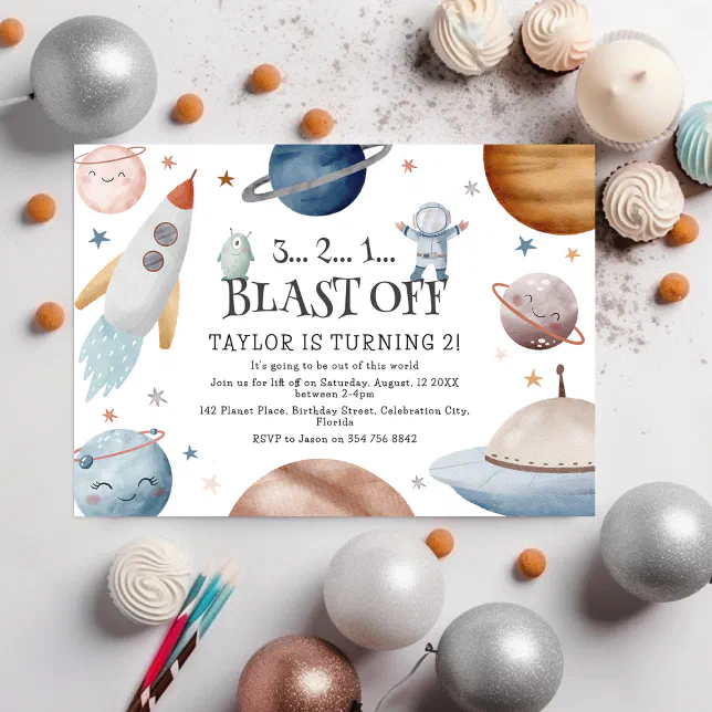 Kids Watercolor Outer Space Birthday Party Invitation | Zazzle