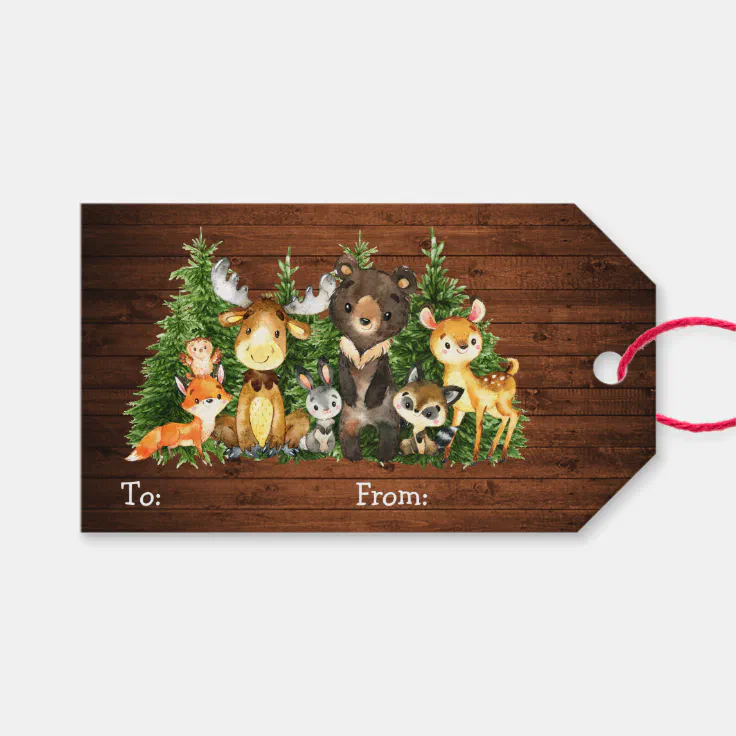 Kid's Watercolor Woodland Animals Wood Christmas Gift Tags | Zazzle