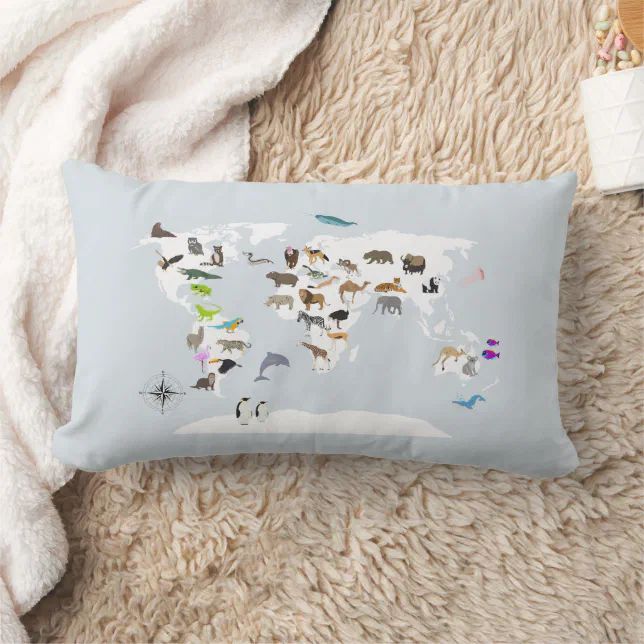 Kids World Map Animals Lumbar Pillow | Zazzle