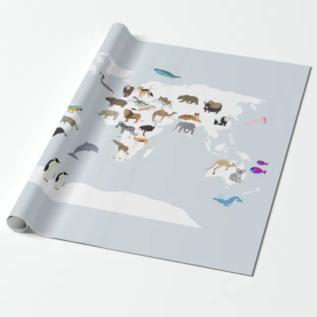 Kids World Map Animals Wrapping Paper | Zazzle