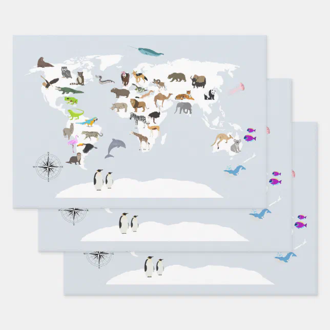 Kids World Map Animals Wrapping Paper Sheets | Zazzle