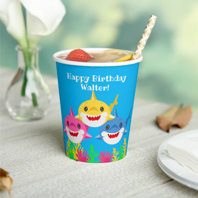Kids Yellow Shark & Family Birthday Celebration Paper Cups | Zazzle