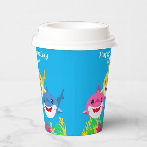 Kids Yellow Shark & Family Birthday Celebration Paper Cups | Zazzle