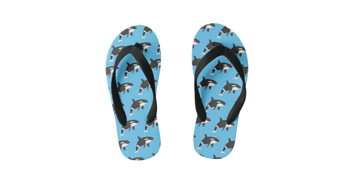 Killer whale cartoon illustration kid's flip flops | Zazzle