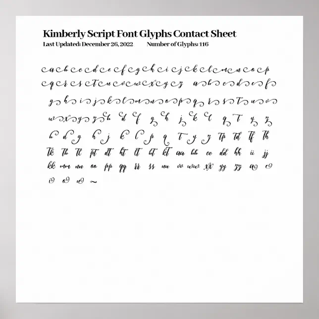 Kimberly Script Font Glyphs Contact Sheet Poster | Zazzle