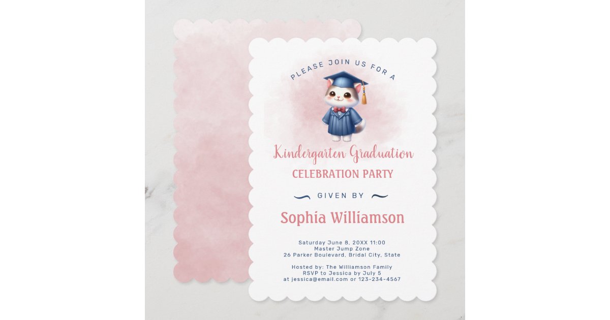 Kindergarten Graduation Cat for Girl Invitation | Zazzle
