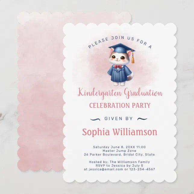 Kindergarten Graduation Cat for Girl Invitation | Zazzle