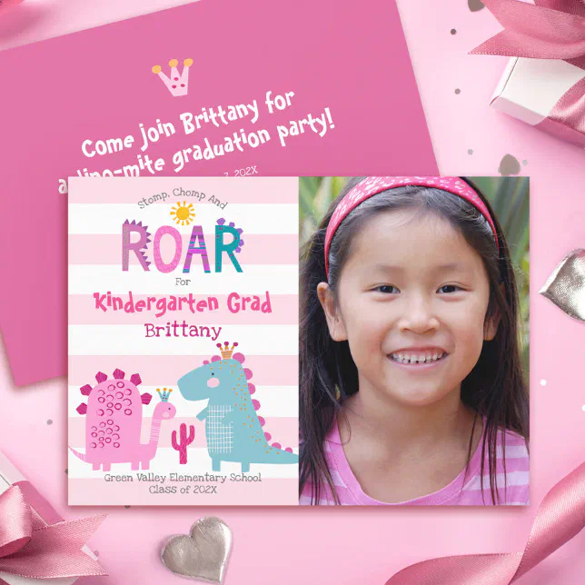 Kindergarten Graduation Photo Dinosaurs Girl Cute Invitation | Zazzle