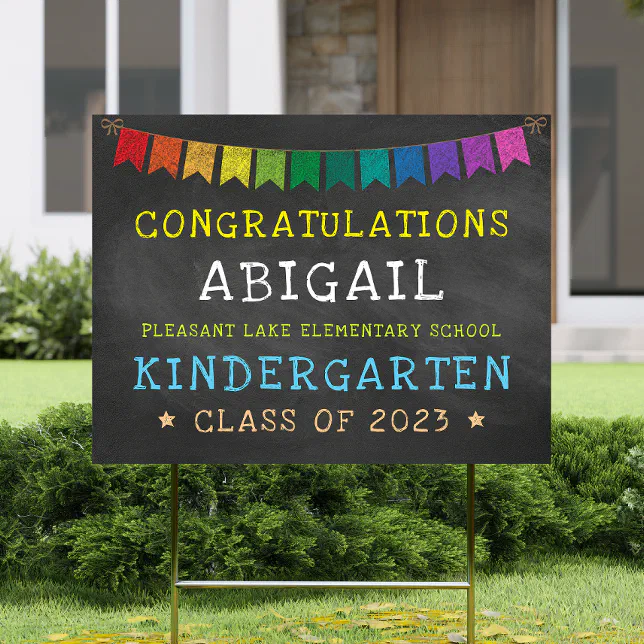 Kindergarten Graduation Rainbow Bunting Chalkboard Sign | Zazzle
