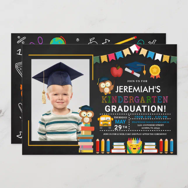 Kindergarten Photo Graduation Chalkboard Invitation | Zazzle