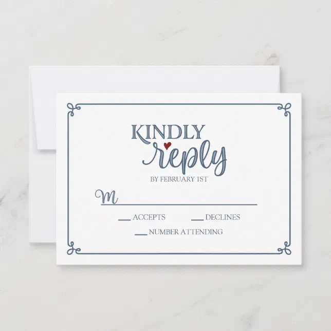 Kindly Reply - Dusty Blue & Red - RSVP Card | Zazzle