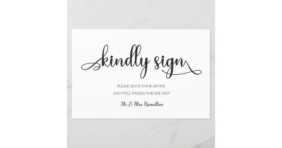 "Kindly sign" Black White guest book Wedding Sign | Zazzle
