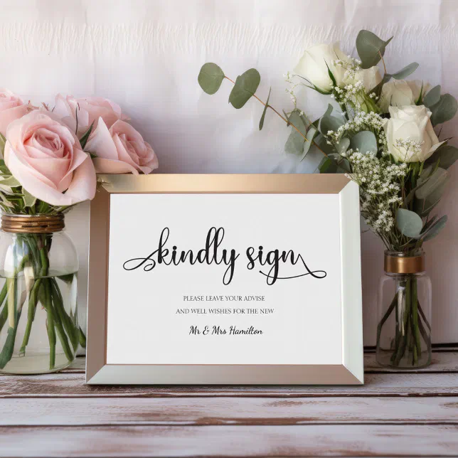 "Kindly sign" Black White guest book Wedding Sign | Zazzle
