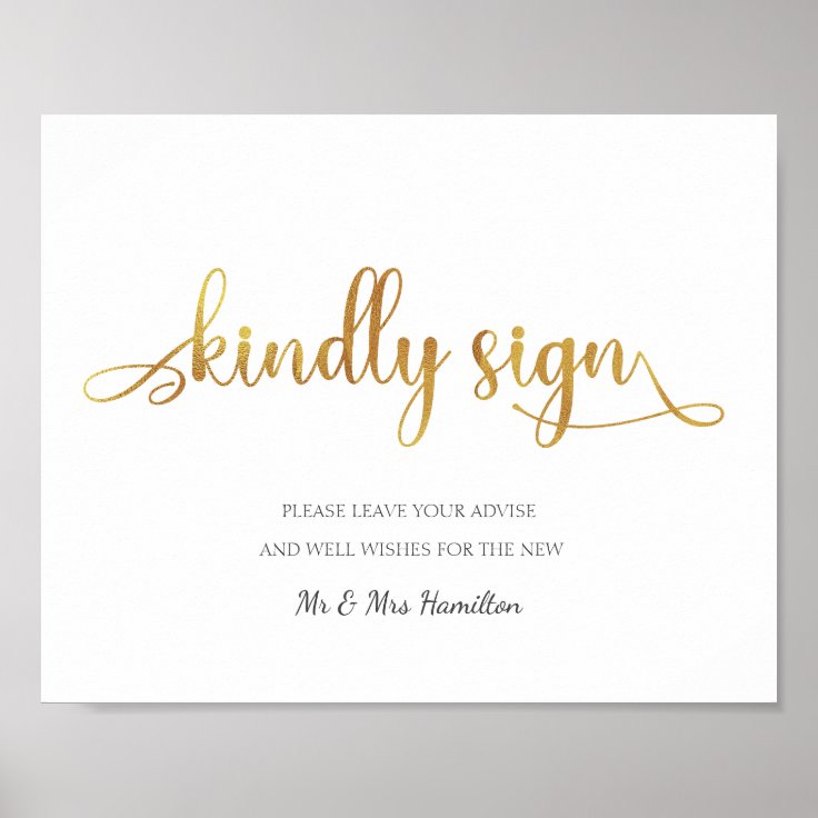 "Kindly sign" gold white guest book Wedding Sign | Zazzle