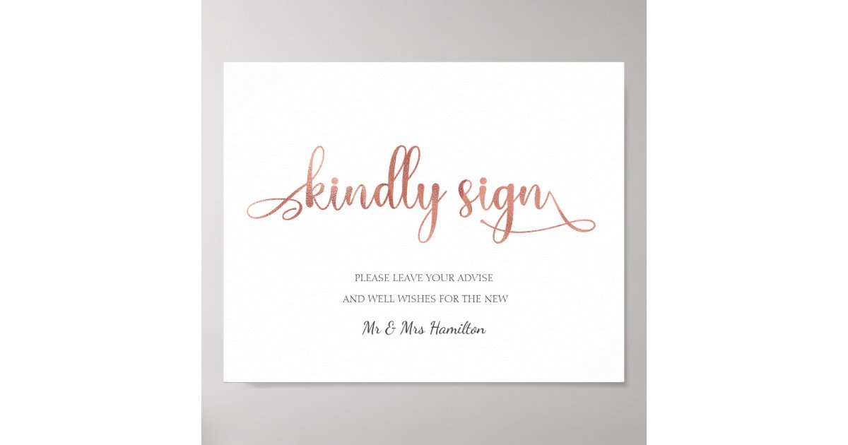 "Kindly sign" rose gold guest book Wedding Sign | Zazzle