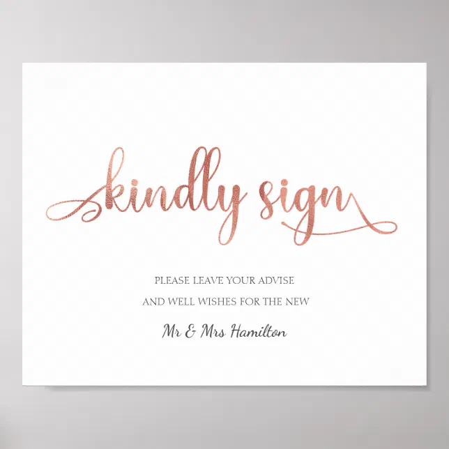 "Kindly sign" rose gold guest book Wedding Sign | Zazzle