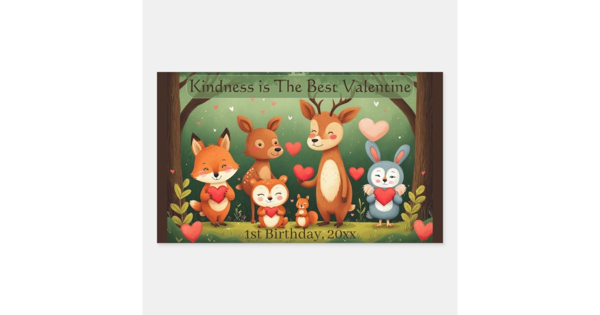 Kindness Best Valentine Woodland Animals Birthday Rectangular Sticker ...