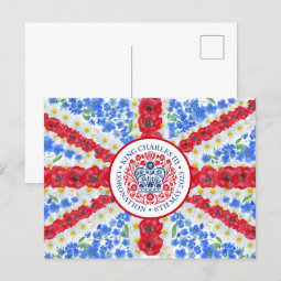 King Charles III Coronation Emblem Floral UK Flag Postcard | Zazzle
