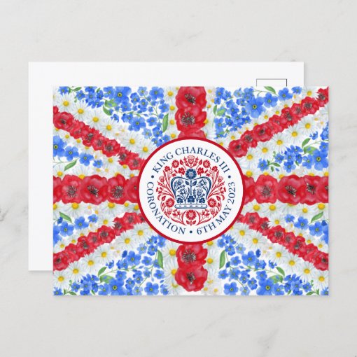 King Charles III Coronation Emblem Floral UK Flag Postcard | Zazzle