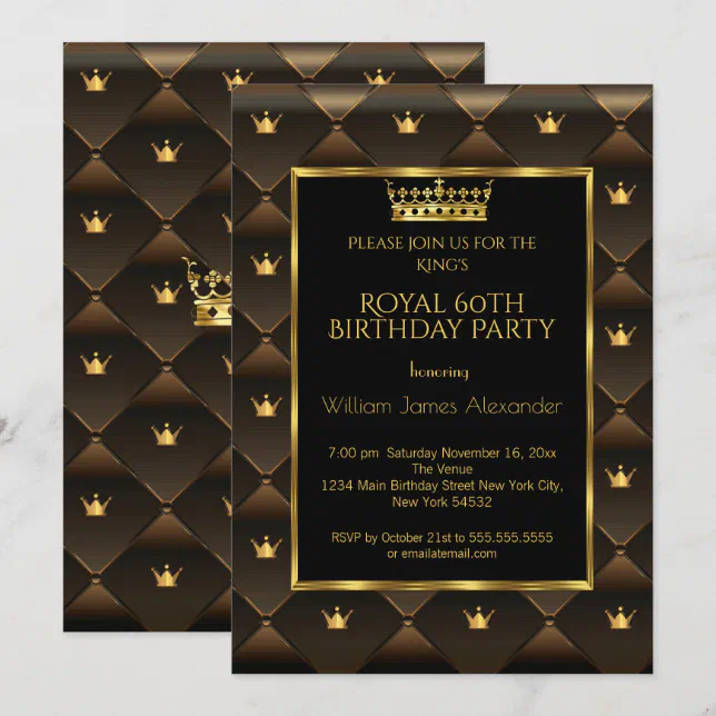 King Mans 60th Birthday Party Crown Gold Brown Invitation | Zazzle