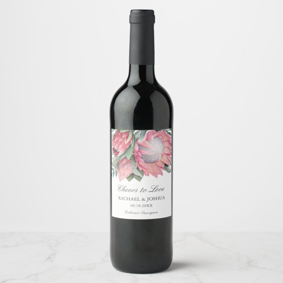 King Protea Bouquet Botanical Wedding Wine Label | Zazzle