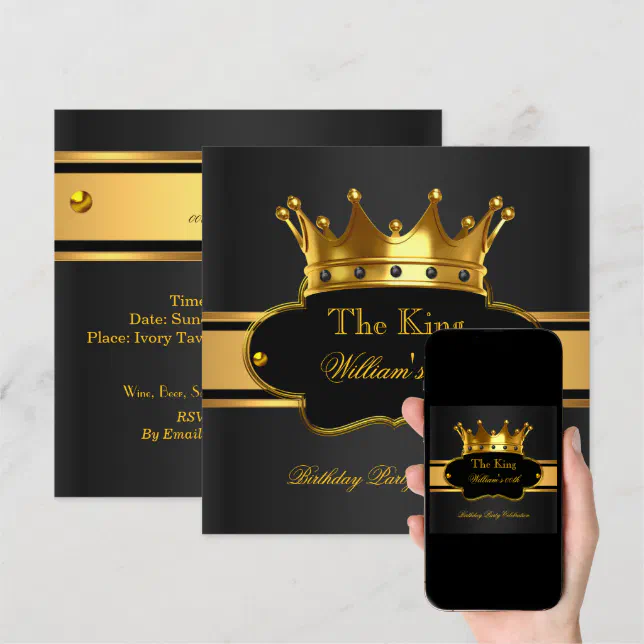 King Royal Black Gold Birthday Party Mens Mans Invitation | Zazzle