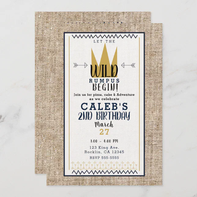 King Wild Thing Gold Crown Burlap Birthday Party Invitation | Zazzle
