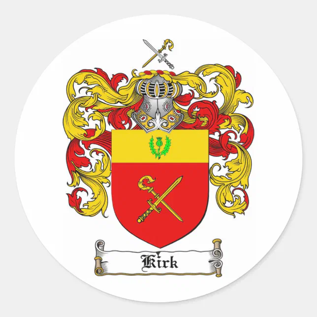 KIRK FAMILY CREST - KIRK COAT OF ARMS CLASSIC ROUND STICKER | Zazzle