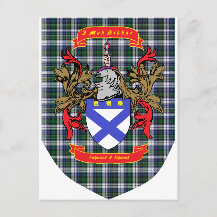 Kirkpatrick Kilpatrick crest on Colquhoun Tartan Postcard | Zazzle