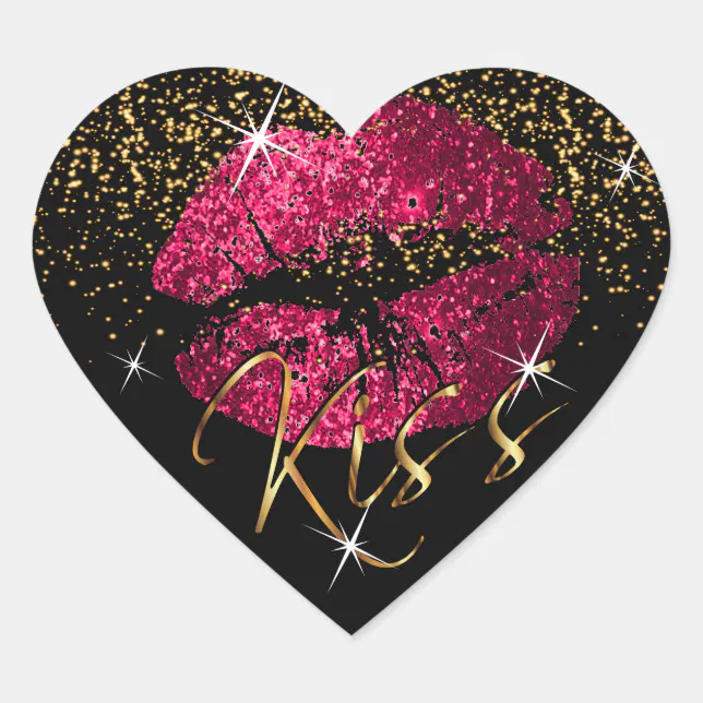 Kiss Hot Pink and Gold Glitter Lips Heart Sticker | Zazzle